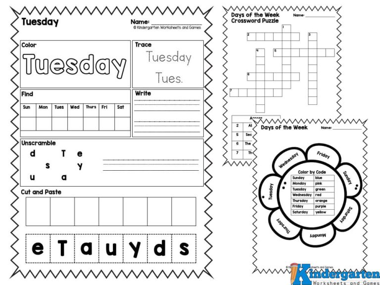 Days of the Week for Kindergarten Worksheets