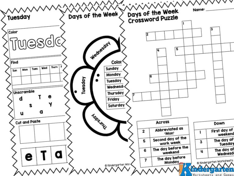 Days of the Week for Kindergarten Worksheets