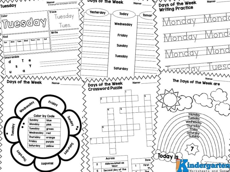 Days of the Week for Kindergarten Worksheets