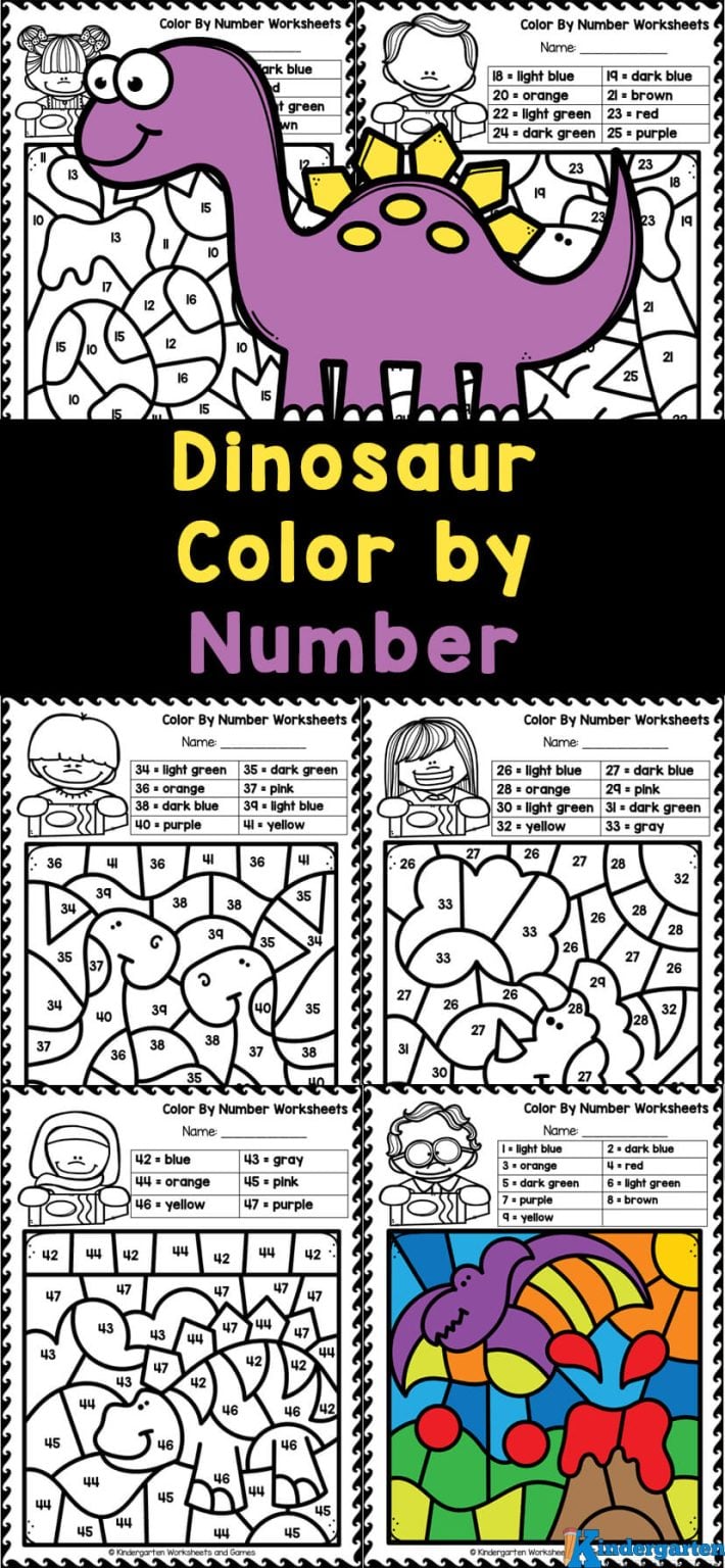 Color by Number Dinosaur Worksheets for Kindergarten