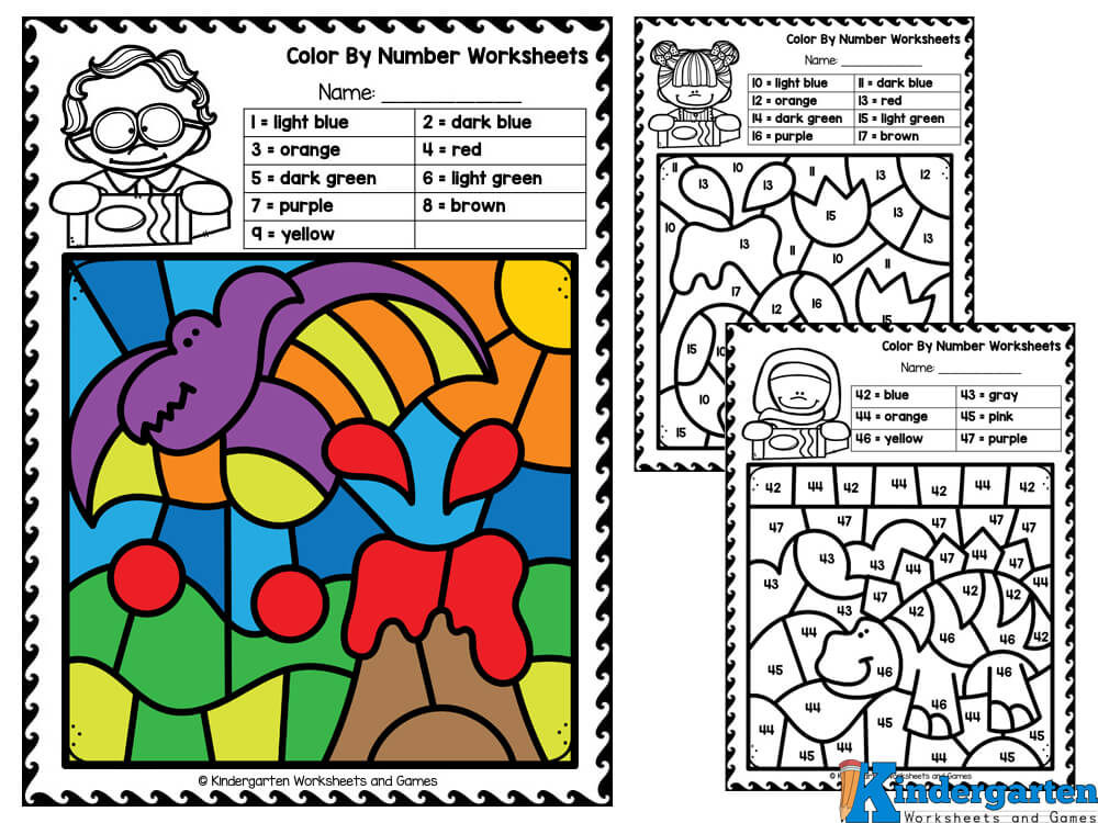Color by Number Dinosaur Worksheets for Kindergarten