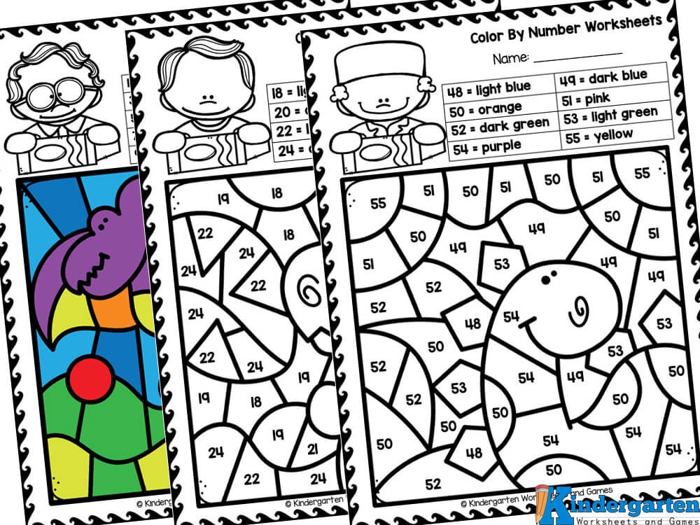 Color by Number Dinosaur Worksheets for Kindergarten