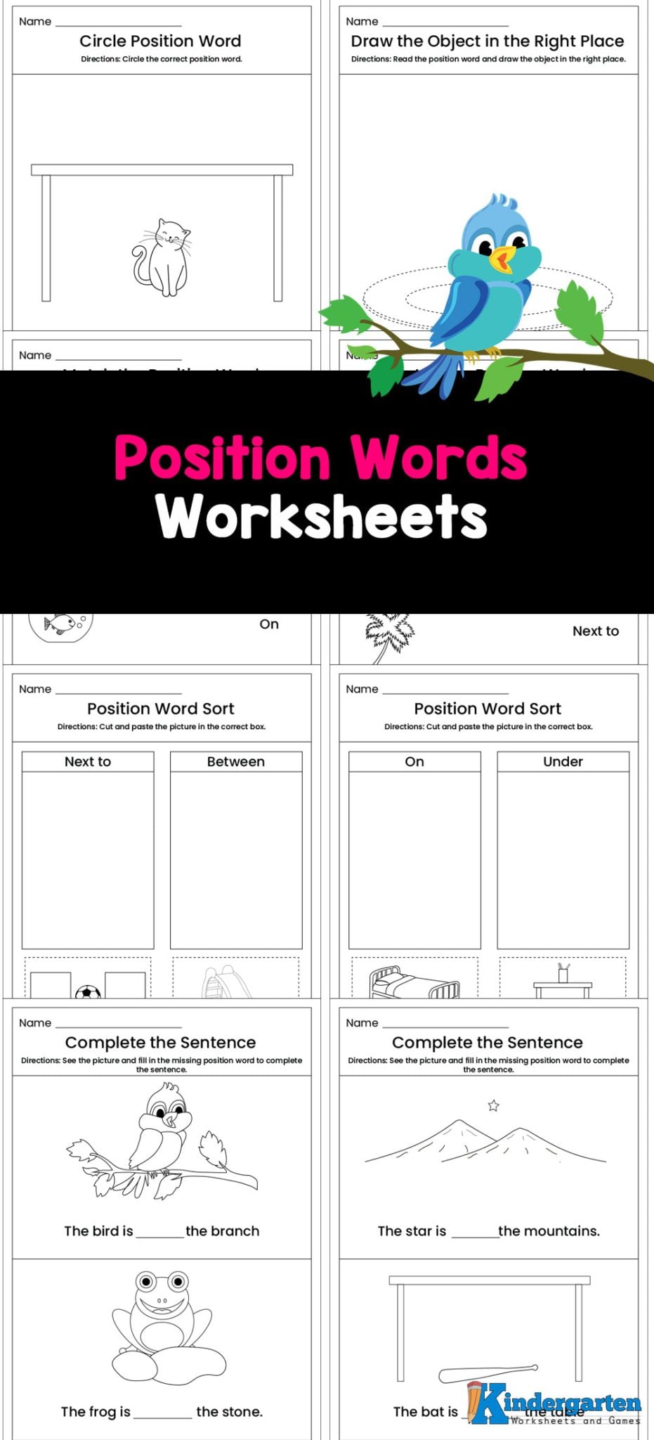 Position Words Worksheets for Kindergarten